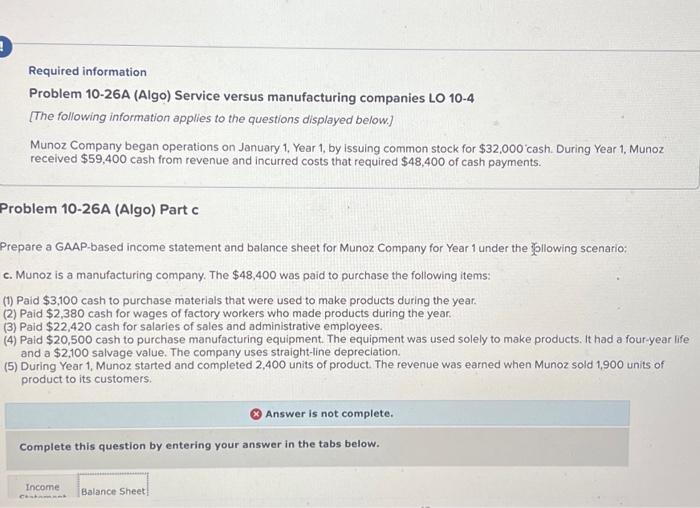 Solved Required information Problem 10-26A (Algo) Service | Chegg.com