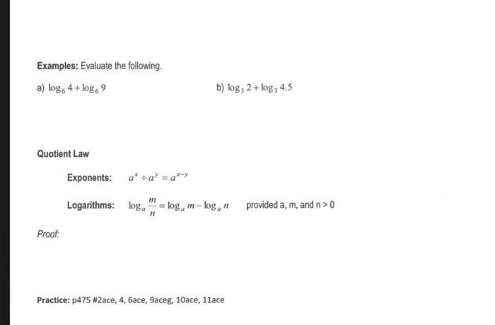 Solved Examples: Evaluate the following. a) log64+log69 b) | Chegg.com