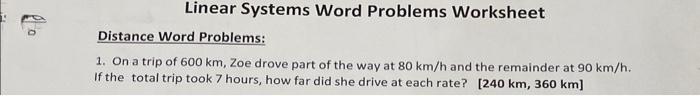 Solved Linear Systems Word Problems Worksheet Distance Word | Chegg.com