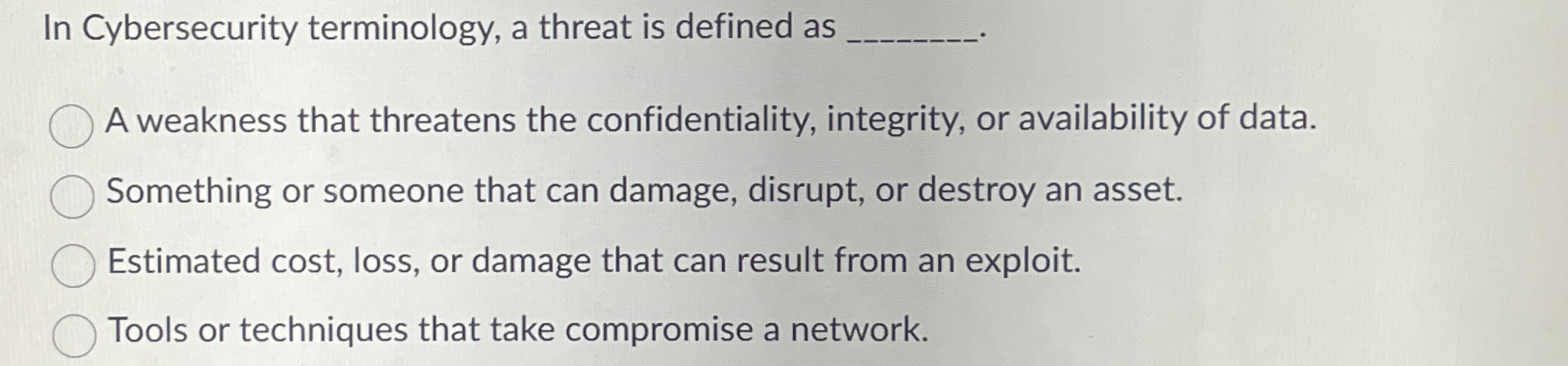 Solved In Cybersecurity terminology, a threat is defined as | Chegg.com