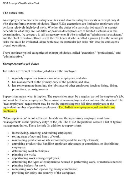 Solved FLSA Exempt Classification Test The duties tests. An | Chegg.com