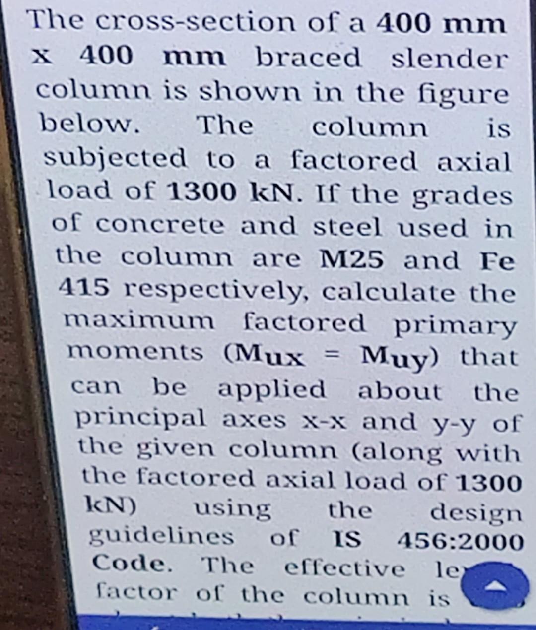 Solved The cross-section of a 400 mm x 400 mm braced slender | Chegg.com