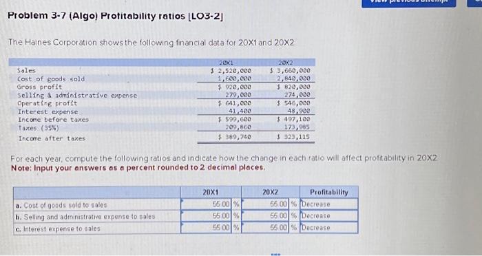 Solved Problem 3-7 (Algo) Profitability ratios [LO3-2] The | Chegg.com
