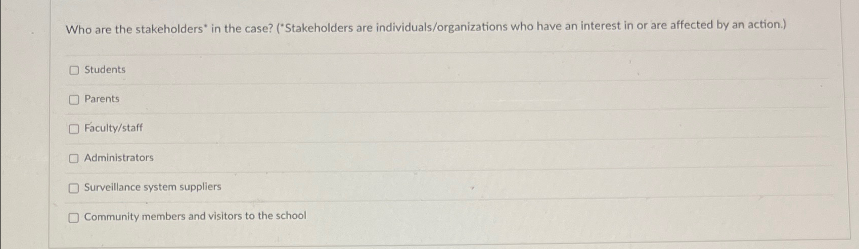 Solved Who are the stakeholders" in the case? ("Stakeholders | Chegg.com