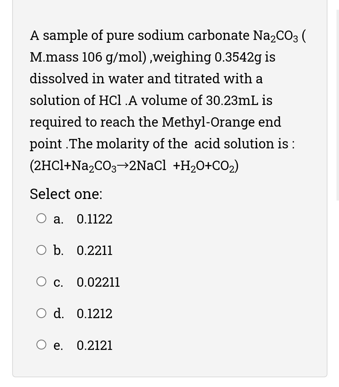Solved A sample of pure sodium carbonate Na2CO3 ( M.mass 106 | Chegg.com
