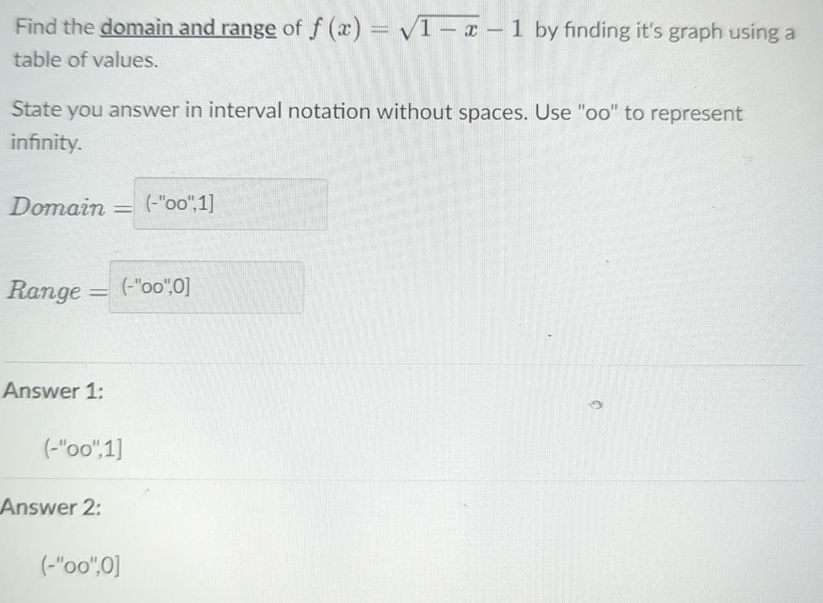 Solved Find the domain and range of f(x)=1-x2-1 ﻿by finding | Chegg.com