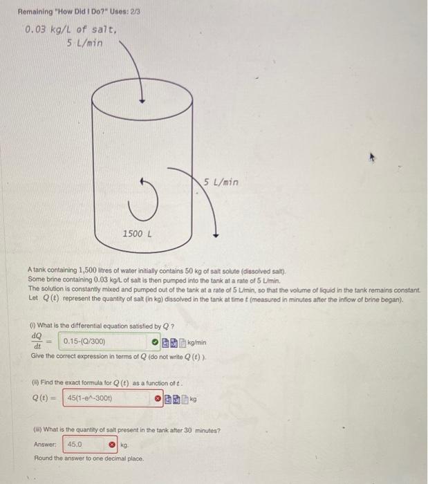 Solved A tank containing 1,500 litres of water initially | Chegg.com