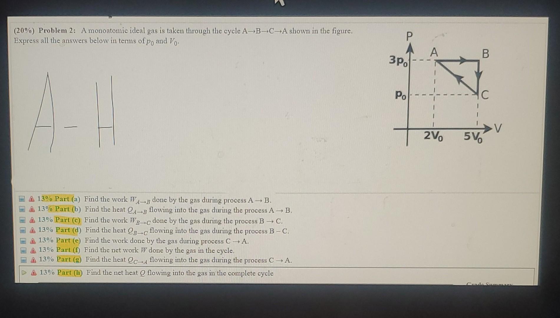 Solved (20\%) Problem 2: A monoatomic ideal gas is taken | Chegg.com