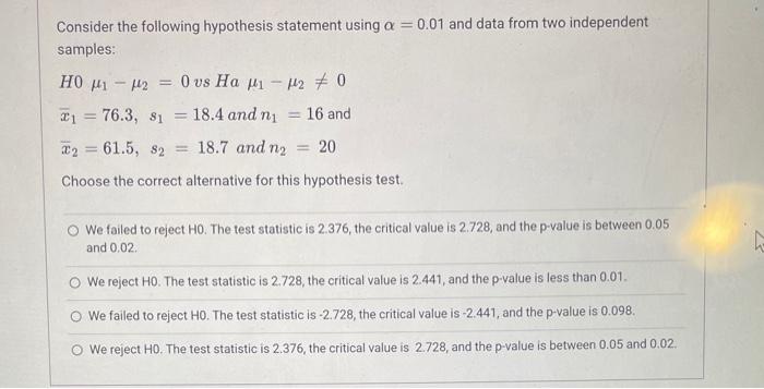 Solved Consider the following hypothesis statement using | Chegg.com