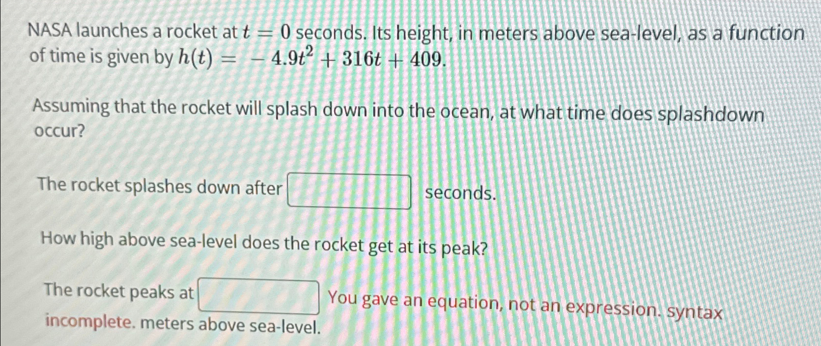 Solved NASA launches a rocket at t=0 ﻿seconds. Its height, | Chegg.com