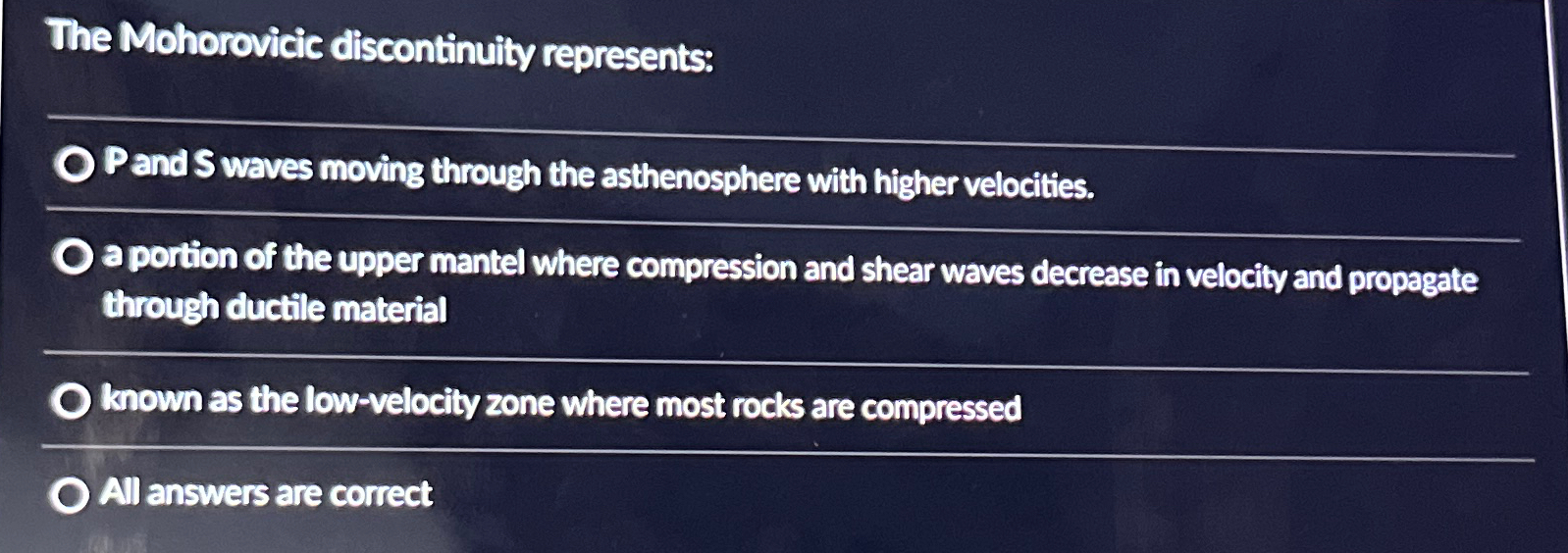 Solved The Mohorovicic discontinuity represents:q, ﻿P and S | Chegg.com