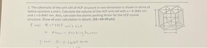 Solved 1. The schematic of the unit cell of HCP structure in | Chegg.com