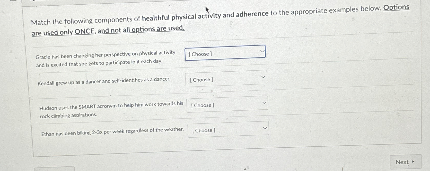 Solved Match the following components of healthful physical | Chegg.com