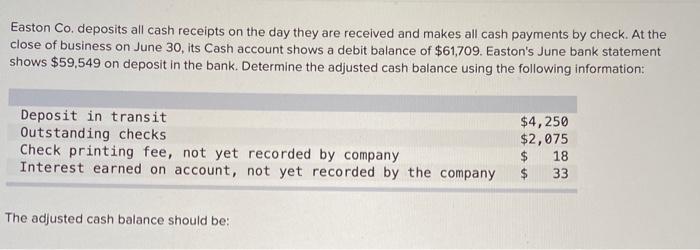 Solved Easton Co. deposits all cash receipts on the day they | Chegg.com