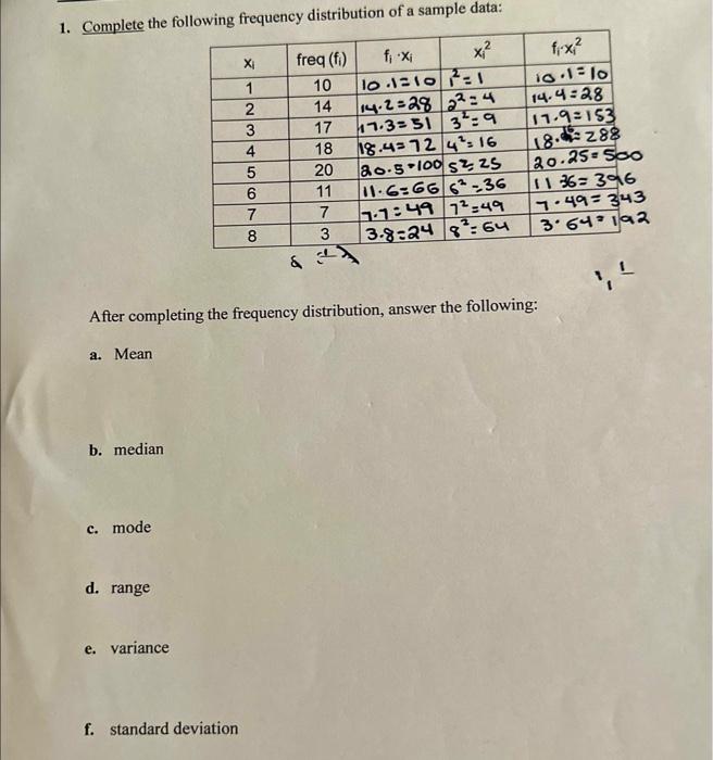 Solved 1. Complete the following frequency distribution of a | Chegg.com