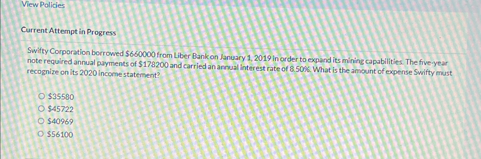 Solved View Policies\\nCurrent Attempt in Progress\\nSwifty | Chegg.com