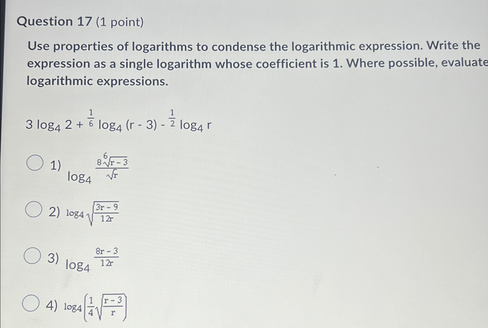 Solved Question 17 (1 ﻿point)Use properties of logarithms to | Chegg.com