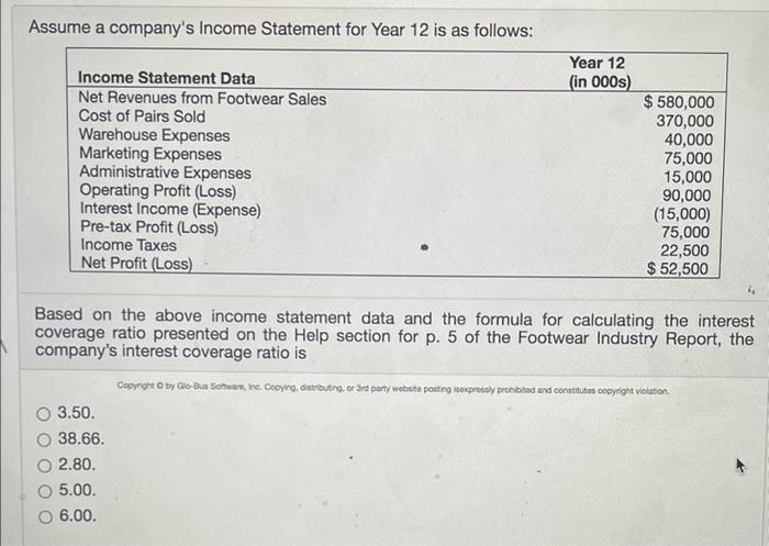 Solved Assume a company's Income Statement for Year 12 is as | Chegg.com