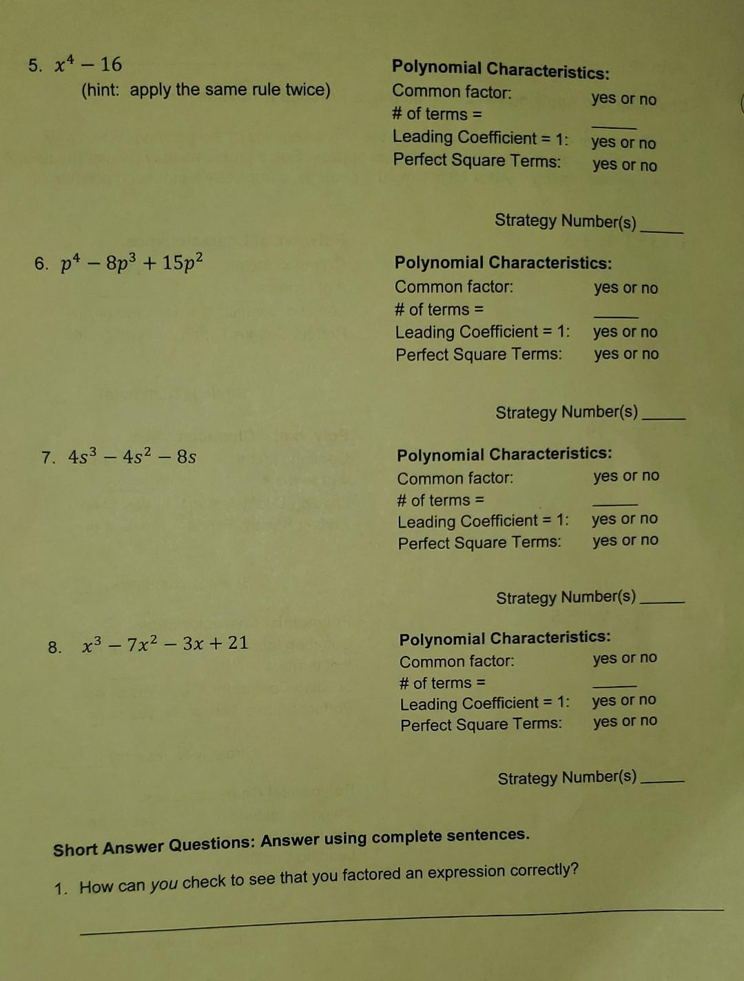 Solved Math 95 Name: Choosing and Applying Factoring Methods | Chegg.com