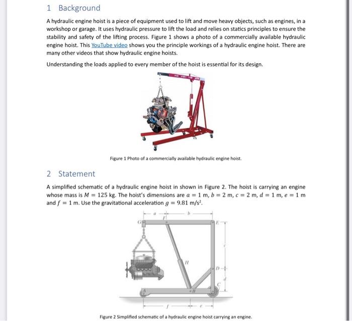 1 Background A hydraulic engine hoist is a piece of | Chegg.com