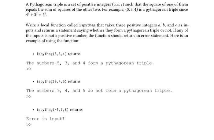 Solved A Pythagorean triple is a set of positive integers | Chegg.com