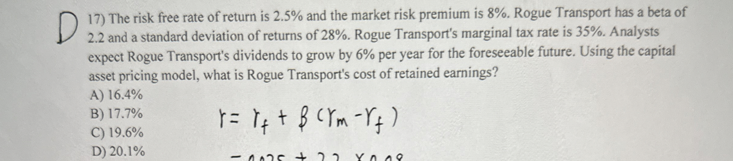 Solved The risk free rate of return is 2.5% ﻿and the market | Chegg.com