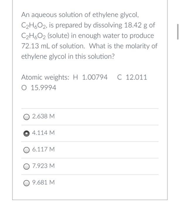Solved An aqueous solution of ethylene glycol, C2H6O2, is | Chegg.com