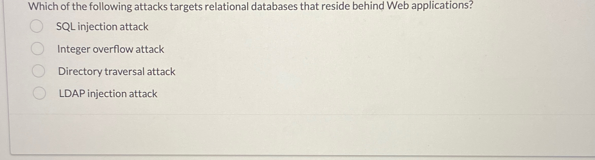 Solved Which of the following attacks targets relational | Chegg.com