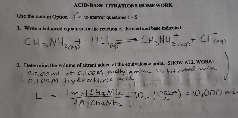 Solved ACID-BASE TITRATIONS HOMEWORKUse the data in Option | Chegg.com