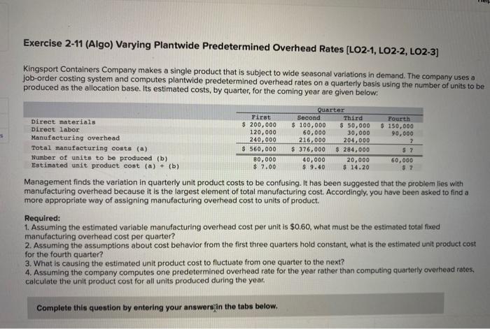 Solved Exercise 2-11 (Algo) Varying Plantwide Predetermined | Chegg.com