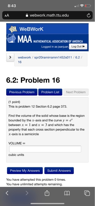 Solved 8:43 | AA webwork.math.ttu.edu WebWork MAA MATHEM IVA | Chegg.com