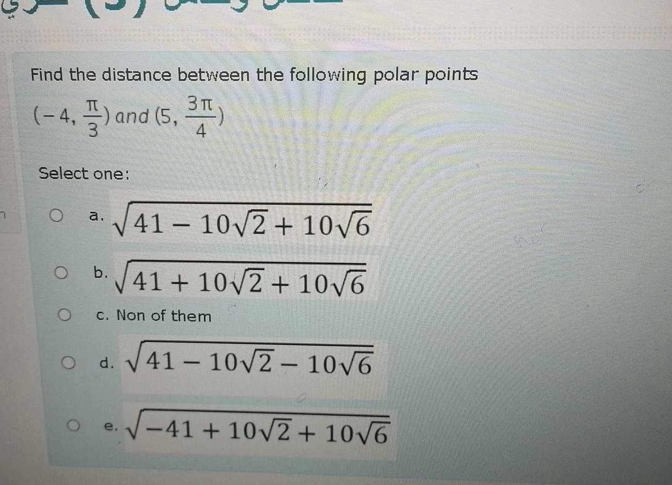 Solved Find the distance between the following polar points | Chegg.com