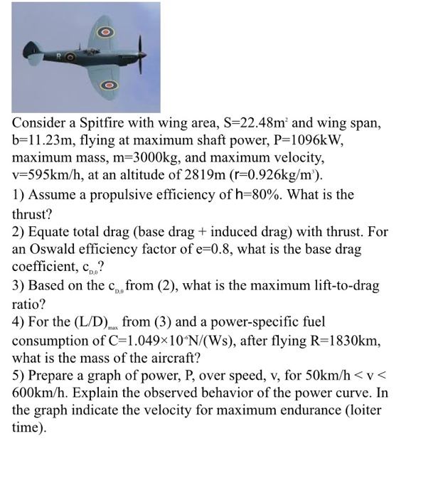 Solved o Consider a Spitfire with wing area, S=22.48m' and | Chegg.com
