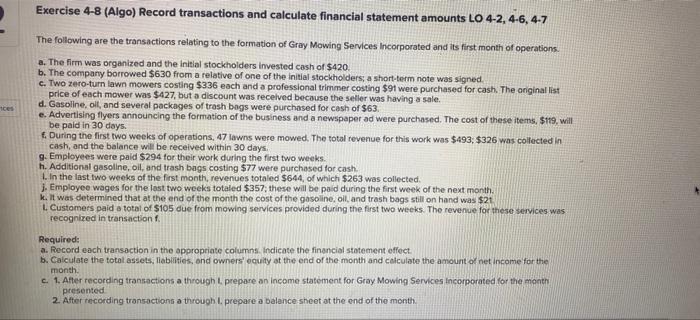Solved Exercise 4-8 (Algo) Record transactions and calculate | Chegg.com