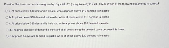 Solved Consider the linear demand curve given by: Qd=40−2P | Chegg.com