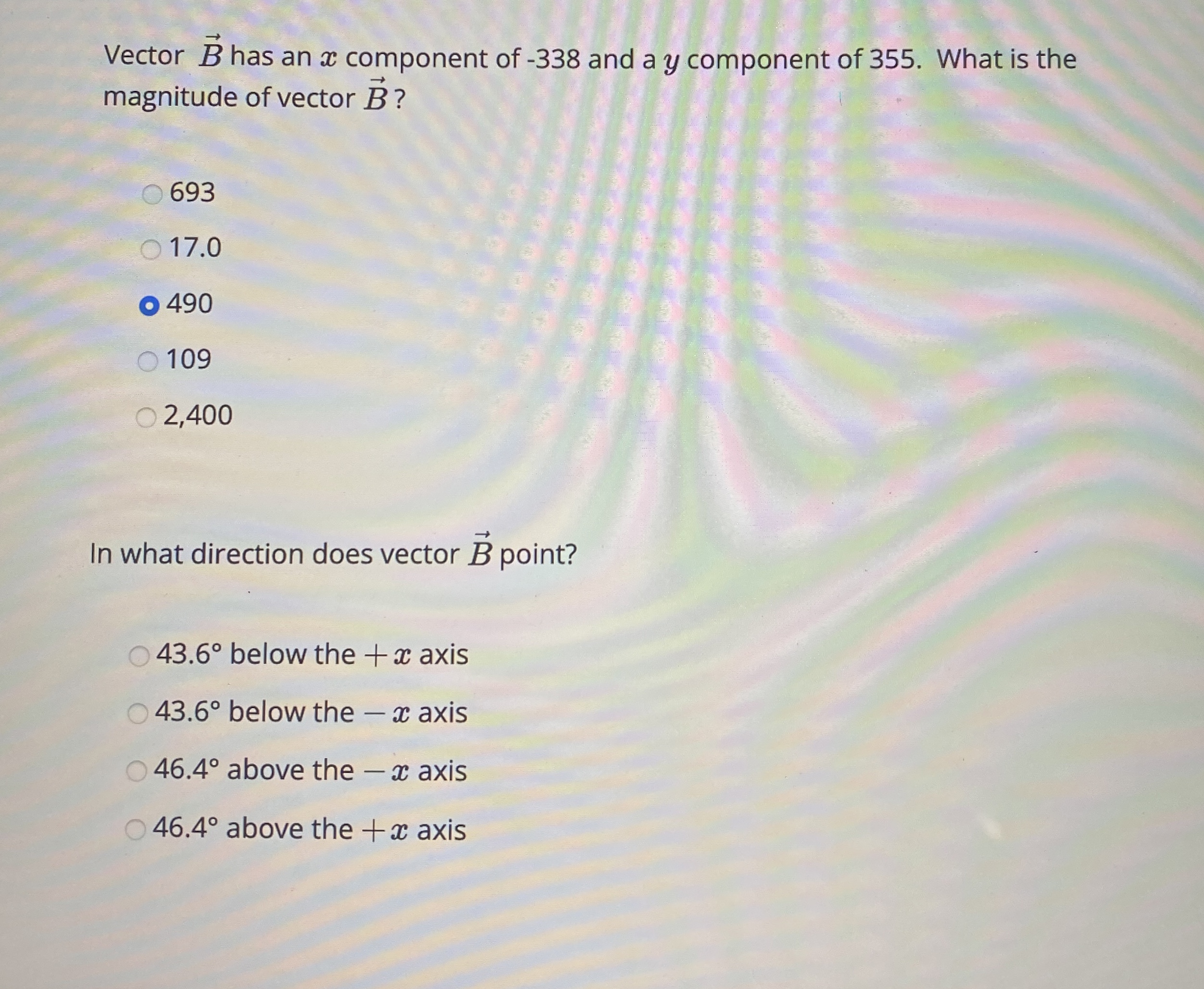Solved Vector vec(B) ﻿has an x ﻿component of -338 ﻿and a y | Chegg.com