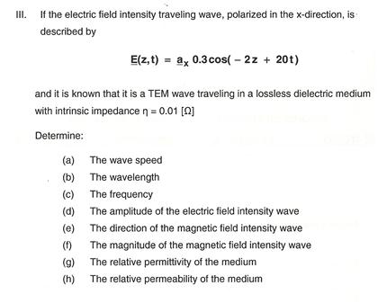 Solved If the electric field intensity traveling wave, | Chegg.com