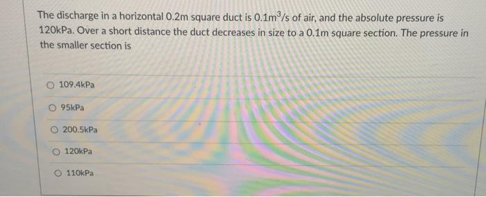 Solved The discharge in a horizontal 0.2m square duct is | Chegg.com