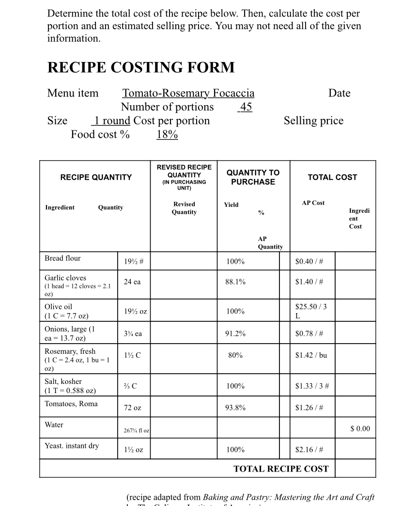 Solved Determine the total cost of the recipe below. Then, | Chegg.com