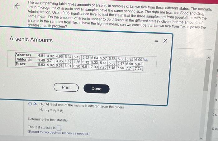 Solved 1← The accompanying table gives amounts of arsenic in | Chegg.com