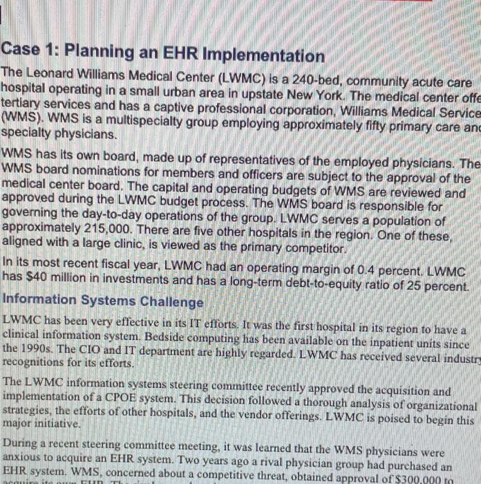 Solved Case 1: Planning an EHR Implementation The Leonard | Chegg.com