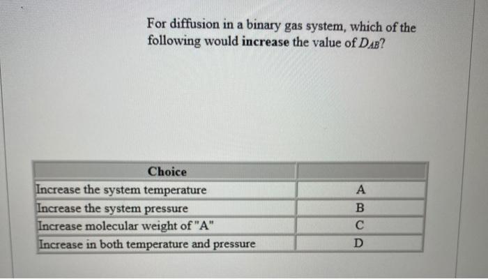 Solved For diffusion in a binary gas system, which of the | Chegg.com