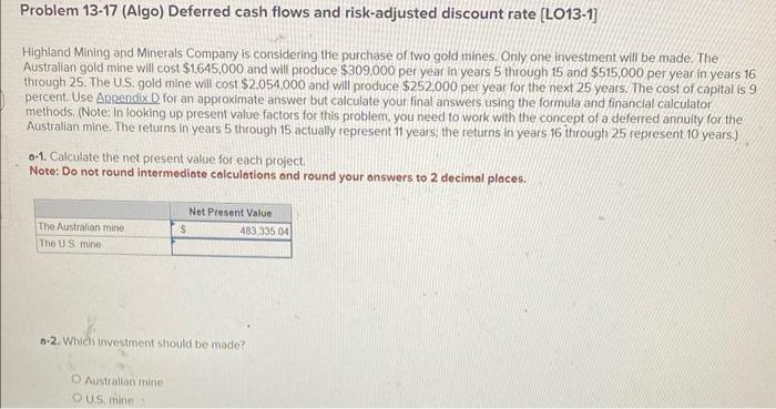 Solved Problem 13-17 (Algo) Deferred cash flows and | Chegg.com