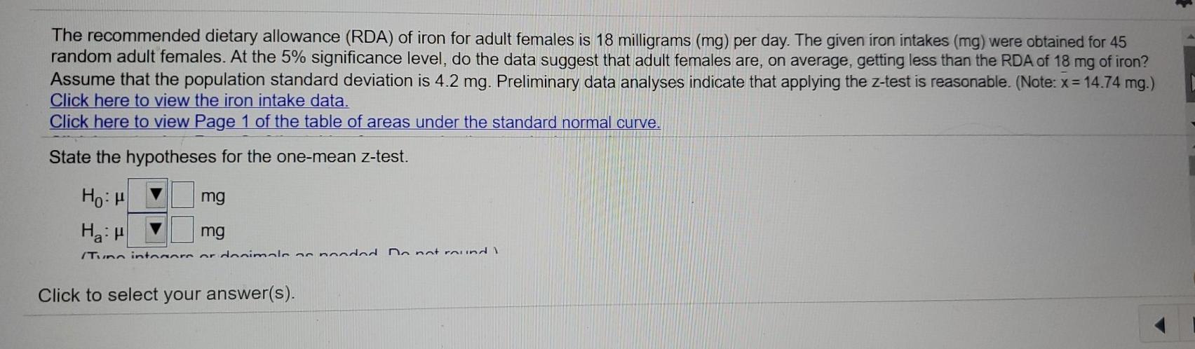 Solved The recommended dietary allowance (RDA) of iron for | Chegg.com