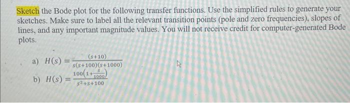 Solved Sketch the Bode plot for the following transfer | Chegg.com