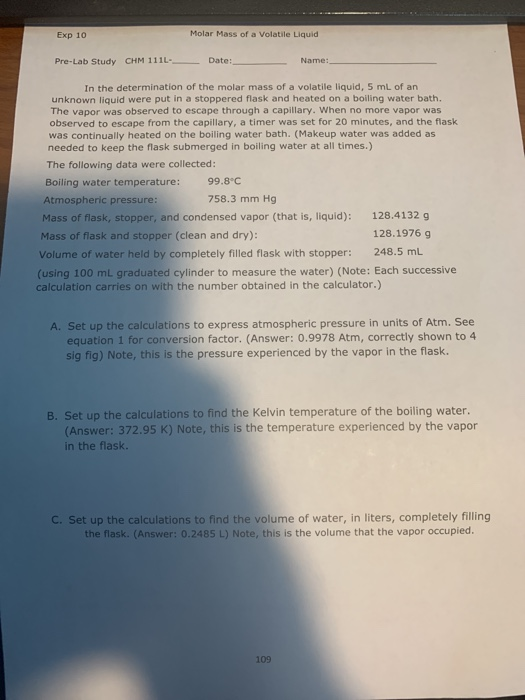 Solved Exp 10 Molar Mass of a Volatile Liquid Pre-Lab Study | Chegg.com