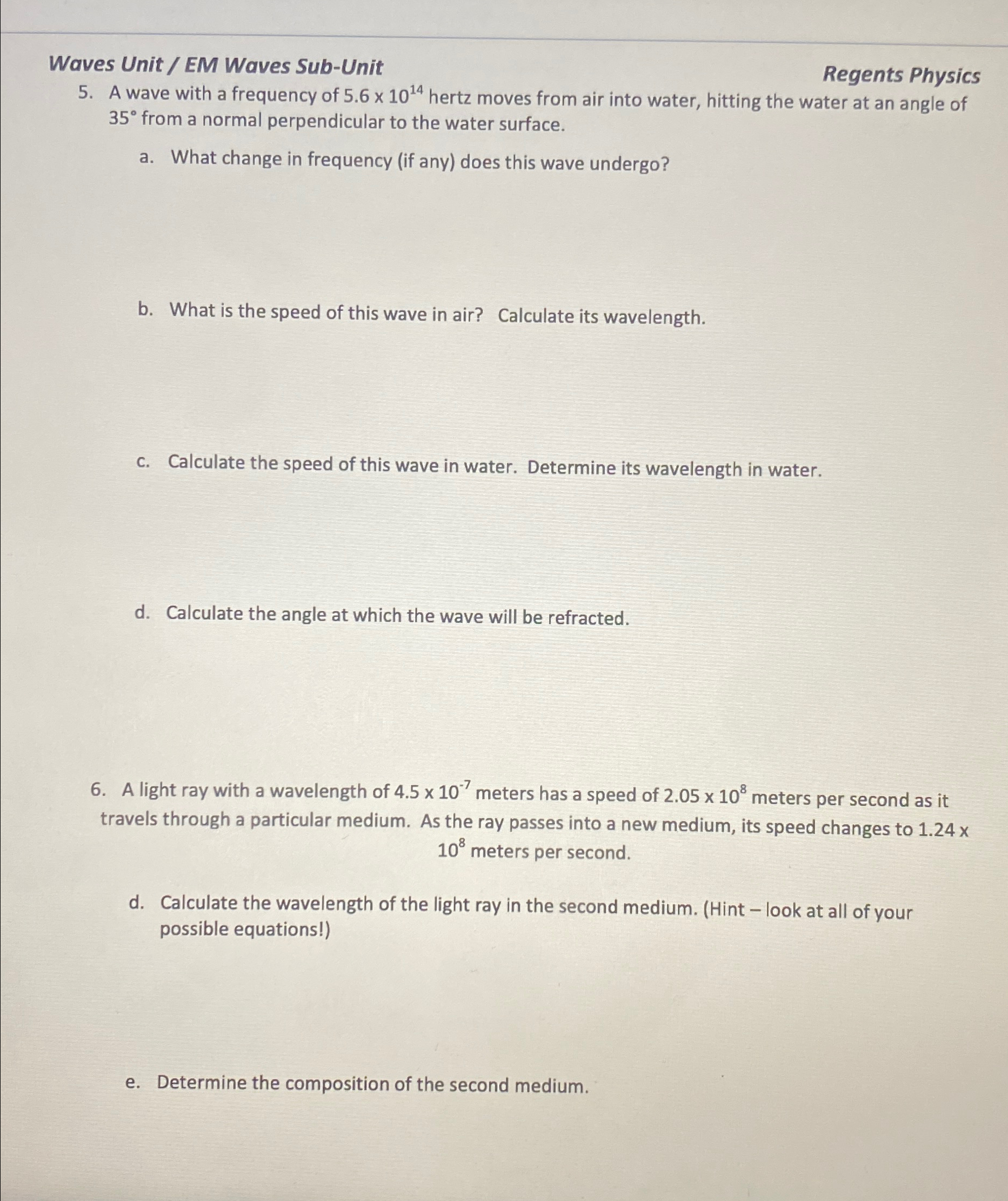Solved Waves Unit / ﻿EM Waves Sub-UnitRegents Physics5. ﻿A | Chegg.com