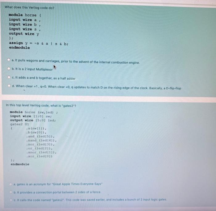 Solved What does this Verilog code do? module horse ( input | Chegg.com