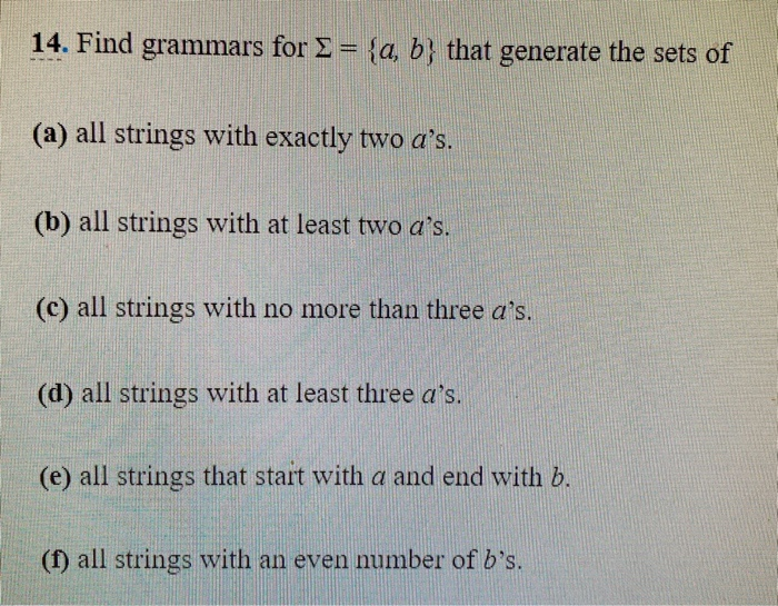 Solved 14. Find grammars for = {a, b} that generate the sets | Chegg.com
