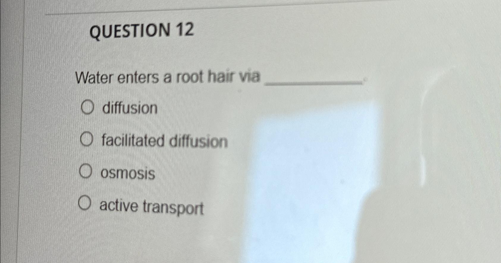 Solved QUESTION 12Water enters a root hair via | Chegg.com